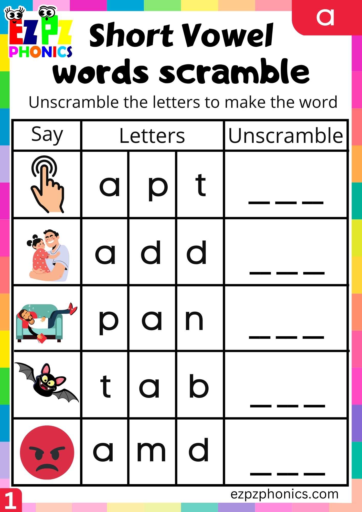 A Short Vowel Sound CVC Words - ezpzphonics.com